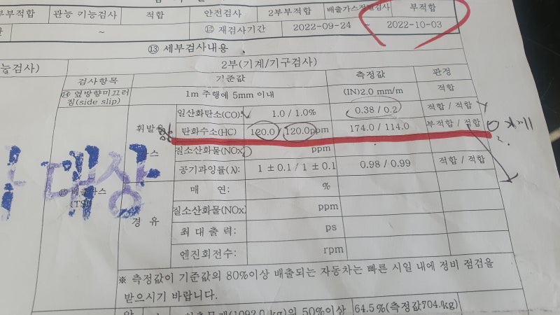 제네시스 G80 자동차 검사 불합격 종합검사 재검사 대상 탄화수소 Hc 부적합 배출허용기준 초과 대전 배출가스 전문정비