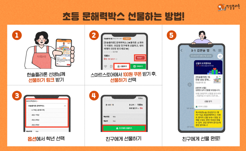 초등 문해력박스 선물하기 이벤트한솔플라톤 수업 중이라면 초등맘 친구에게 초등 문해력박스 선물하고 35000원 혜택 받으세요