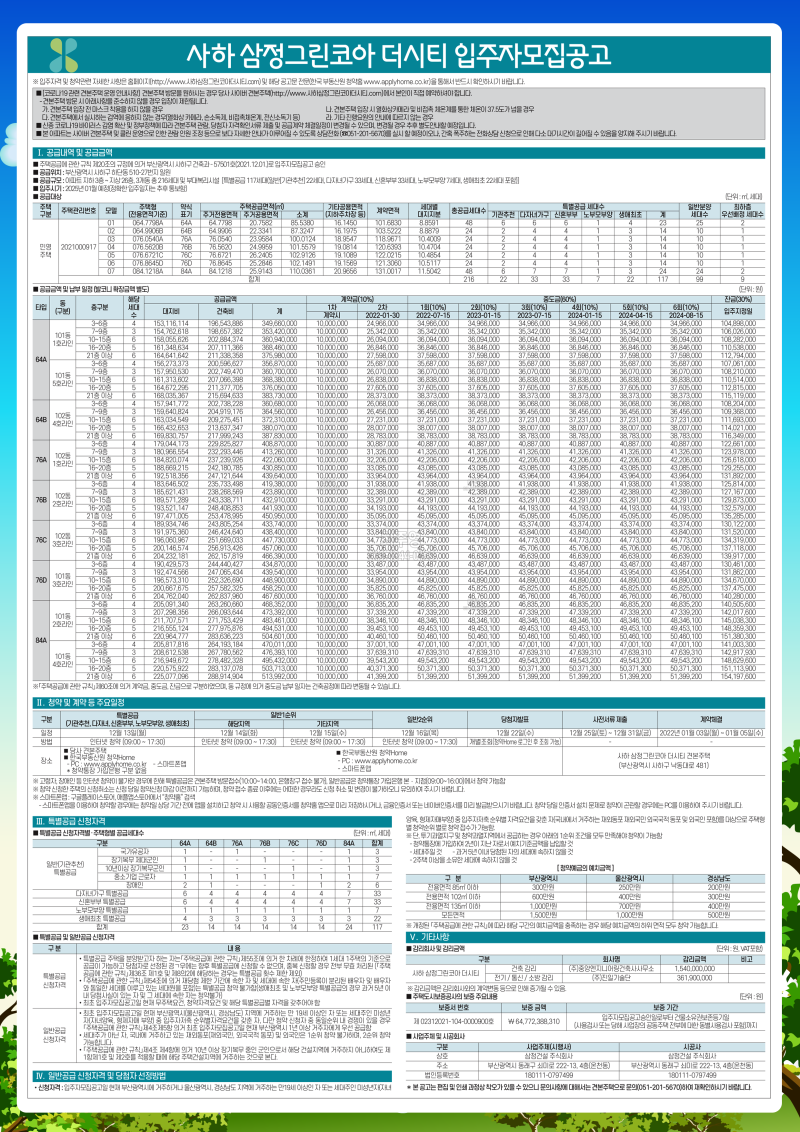 사하 삼정그린코아 더시티주상복합아파트오피스텔 분양가 입지환경 단지배치도 동호수배치도 평면도 인테리어 입주자모집공고안내