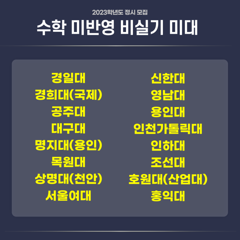 2023학년도 정시 비실기 미대 모음 나군 수능 100 실기 없는 미대 정시 수학 미반영 대학 홍대 미대 서울캠