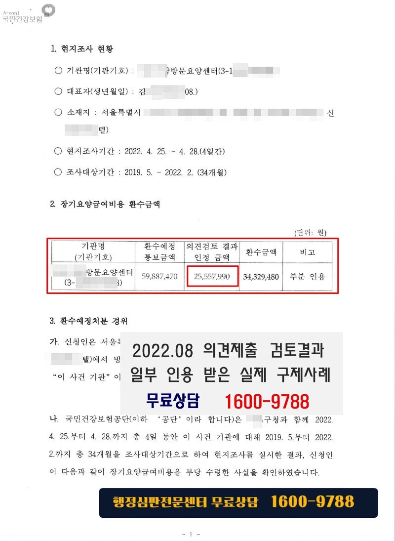 노인장기요양보험법에 따른 장기요양급여비용 환수처분에 대한 권리구제 절차 상담 안내의견제출 심사청구 환수금 구제사례
