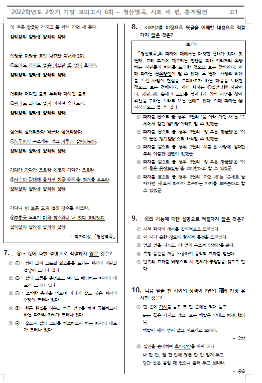 허연학원 서울미고 1학년 2학기 기말고사 국어 기출 문제 분석 총평입니다 네이버 블로그