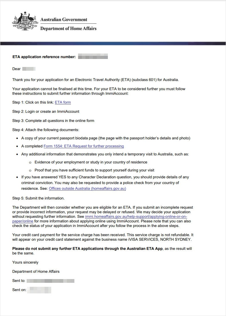 호주비자 ETA 신청 결과 메일 사례2- Form 1554, ETA request for further processing 추가 ...