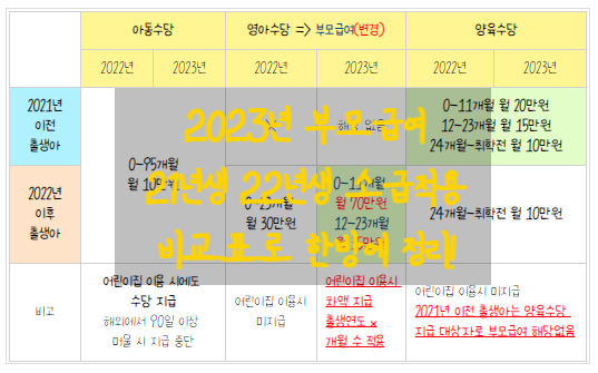 2023년 아동수당 영아수당 양육수당 비교표 21년생 22년생 부모급여 소급 네이버 블로그