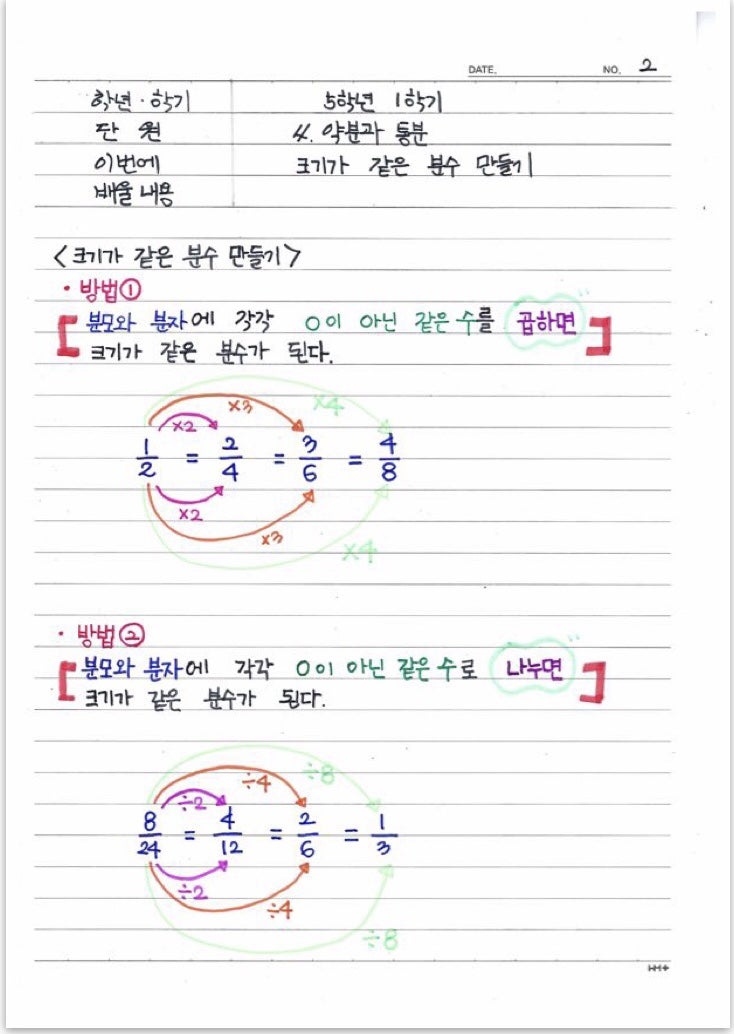 초등수학 개념정리 노트필기 5학년 1학기 4단원 약분과 통분 네이버 블로그