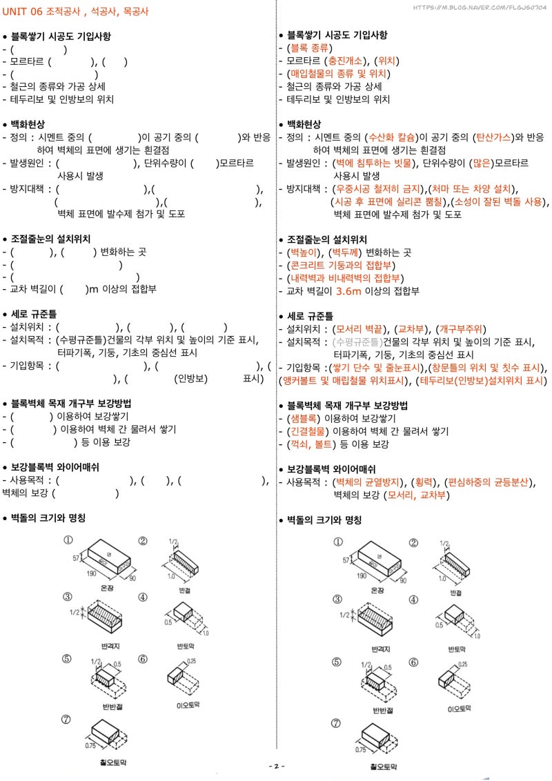 6 건축기사 실기 요점정리조적공사석공사목공사 네이버 블로그