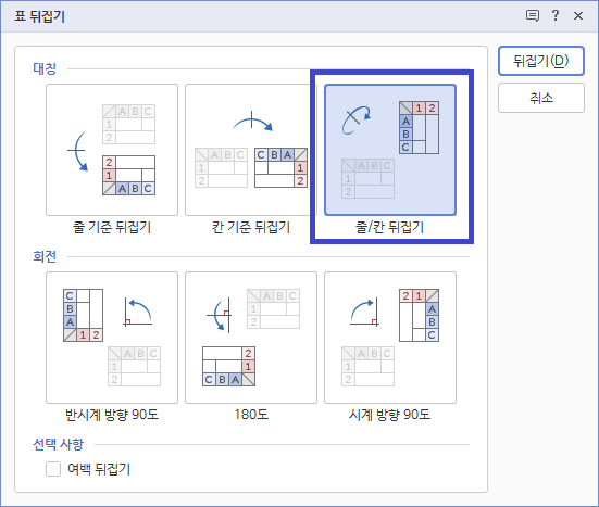 한글 12강 표 핵심기능 2탄 줄칸 추가 셀 합치기셀 나누기 셀 너비높이 같게 내용 정렬 표 뒤집기행열