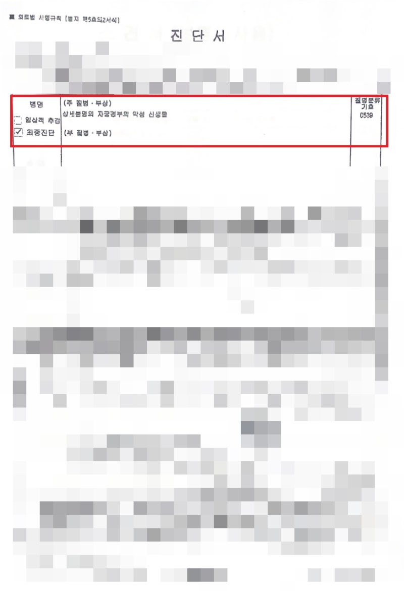 상세불명의 자궁경부의 악성 신생물 C539 진단 후 암 진단비 청구하였으나 보험사의 현장심사 후 분쟁 발생하여 상담요청