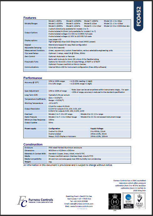 FCO452 [Furness controls] 차압측정센서 미압계Differential Pressure Transmitter ...