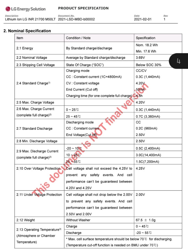 엘지(LG Cham) INR21700 M50LT 데이터시트 (Datasheet, Specification Sheet) : 네이버 블로그