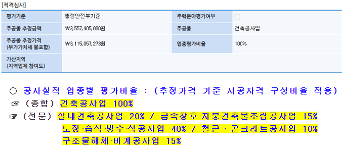 지방자치단체 입찰시 낙찰자 결정기준 시설공사 적격심사 수행능력평가 中 시공경험 필요만점실적 계산방법시공실적으로 입찰참가