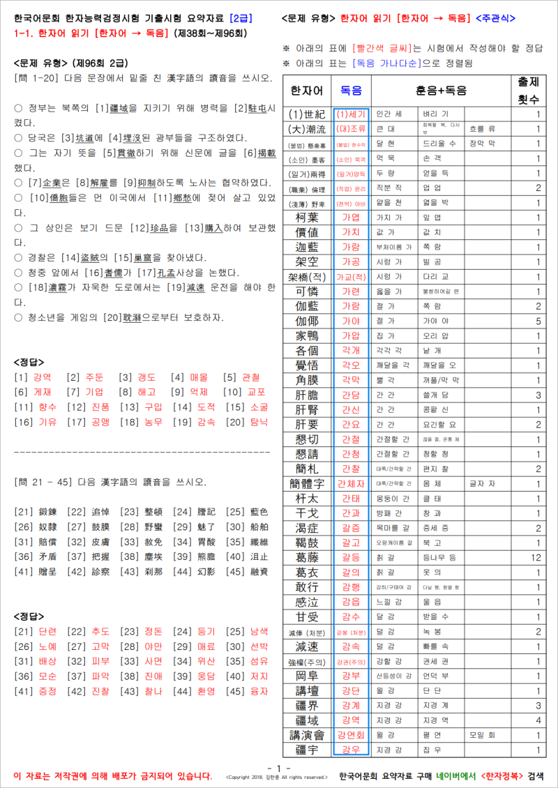 [2급] 한국어문회 한자능력검정시험 기출문제 요약자료 [38회~96회] 네이버 블로그