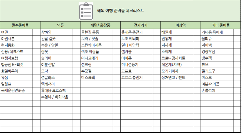 해외여행 준비물 체크리스트 엑셀파일 공유 무료배포 네이버 블로그