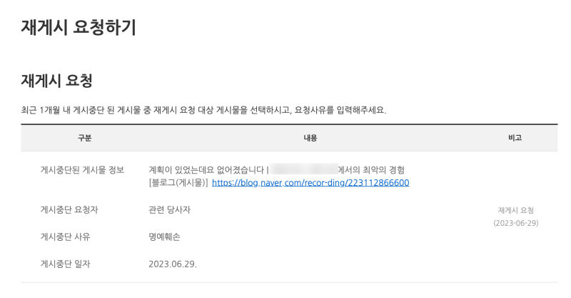 블로그 게시물 명예훼손 게시중단 이의신청 후기 결과 네이버 블로그
