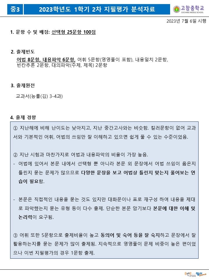 Unu내신분석 2023년 1학기 2차 지필평가 기출완전분석 고창중학교 네이버 블로그