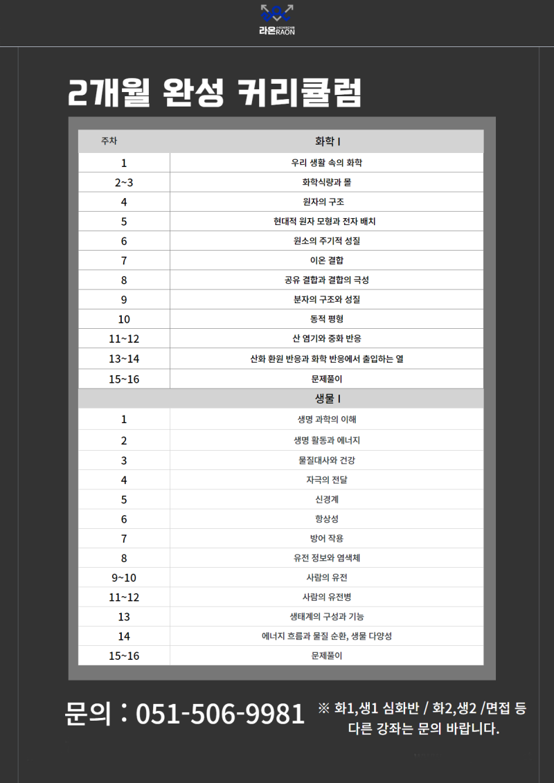 라온수학과학학원 신청마감 2개월 완성 과학특강화학1 생물1안내 사직동거제동 부산입시수학전문학원과학전문학원