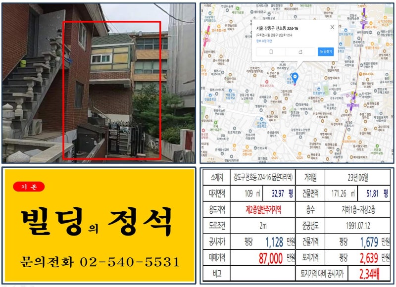 강동구 천호초등학교 앞 8억 꼬마빌딩 실거래가 조회 천호동 224 16 굽은다리역 8억 7000만 원 평당 2639