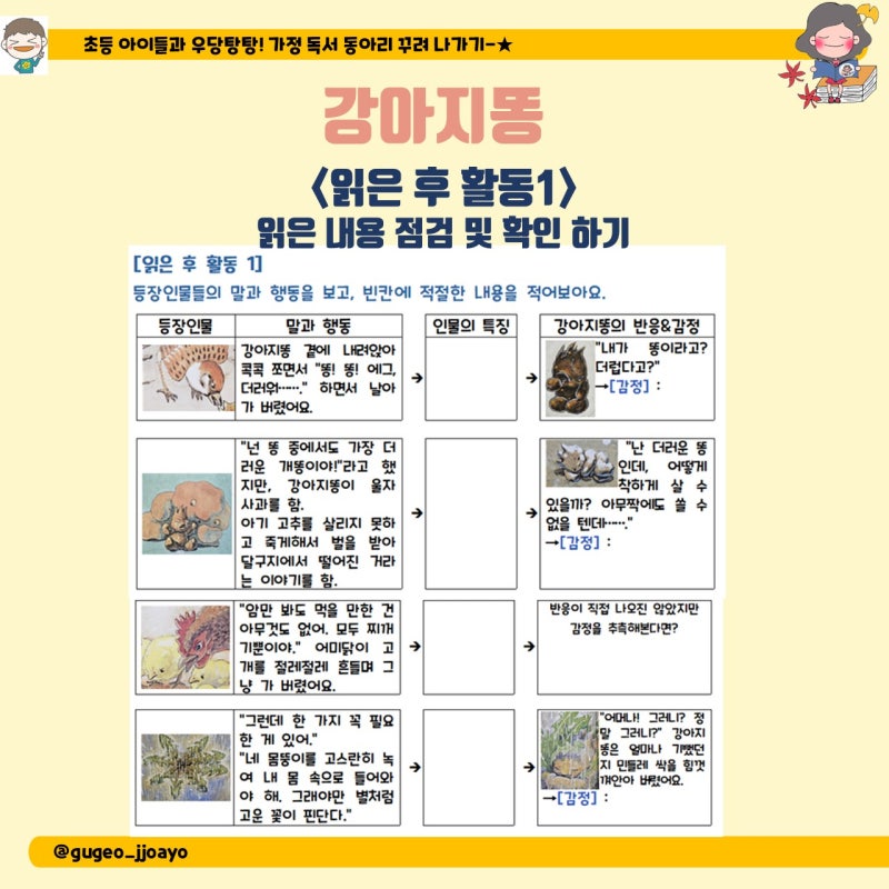 책읽기가 좋아요 초3 가정독서동아리 강아지똥 권정생 글독후 활동 소개 및 활동지 공유 네이버 블로그