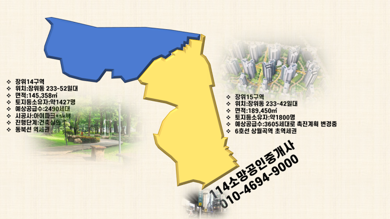 장위14구역 경축 8월29일 건축심의 조건부통과장위15구역은 소송중두 구역 모두 급매물 소진후 거래 주춤투룸 최저가