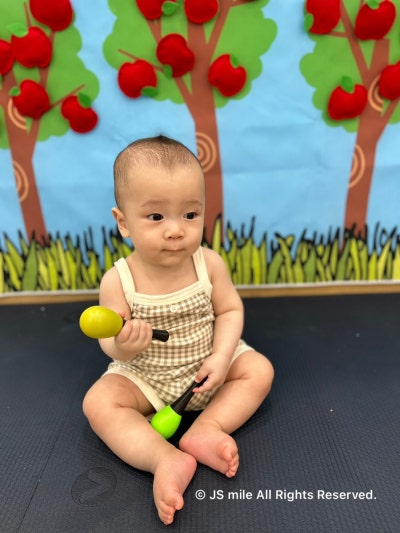 풀이 육아일기 242일 아기수유량 및 발달기록 이유식 거봉 첫 제공 문화센터 새싹아이 사과 탐색 부직포 스티커 떼기 가능