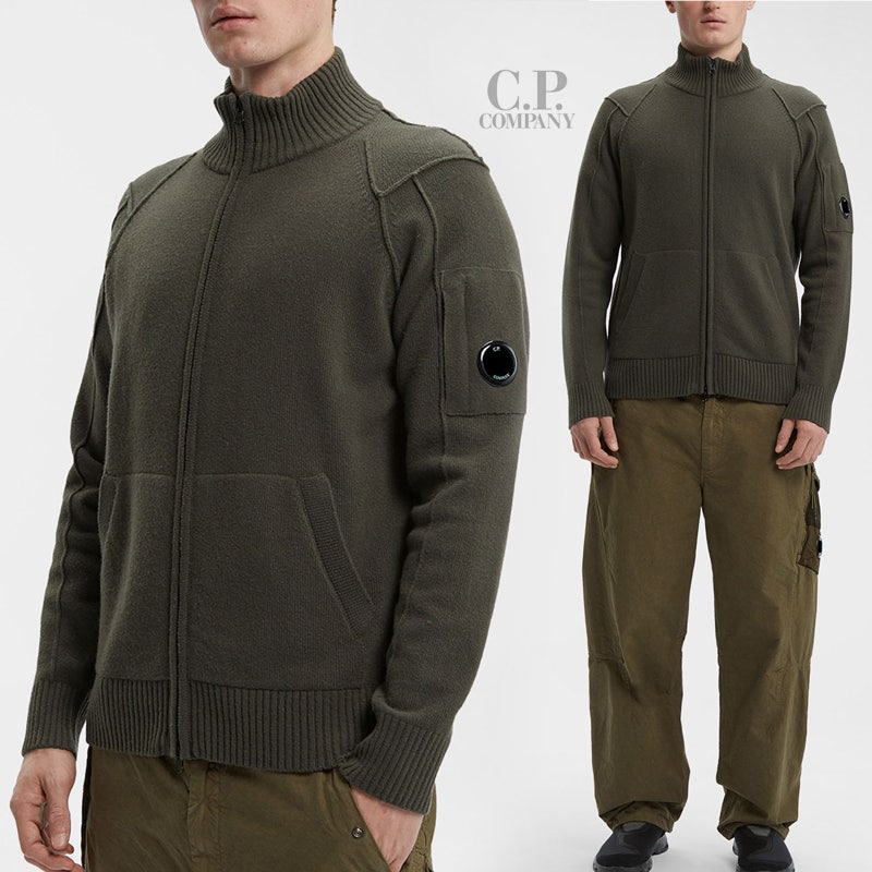 CP컴퍼니 23FW TONAL 스티칭 램스울 풀집업 니트 올리브 자켓
