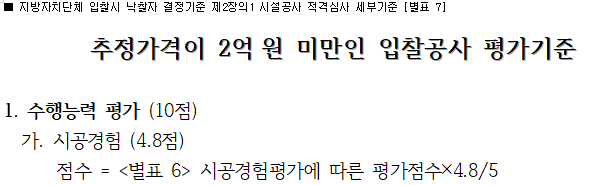 지방자치단체 입찰시 낙찰자 결정기준 시설공사 적격심사세부기준 中 10월1일 개정 적용 내용접근성 추정가격3억원4억원 변경