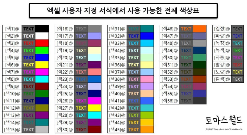 EXCEL(엑셀) 사용자 지정 서식에서 사용 가능한 전체 색상표 및 셀 서식 텍스트에 사용자 지정 색상 적용법 : 네이버 블로그