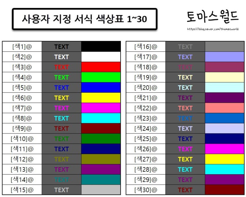 EXCEL(엑셀) 사용자 지정 서식에서 사용 가능한 전체 색상표 및 셀 서식 텍스트에 사용자 지정 색상 적용법 : 네이버 블로그