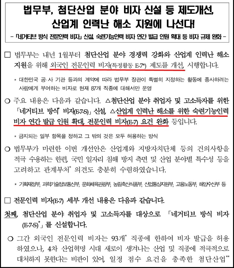 2023년 1월시행 법무부 조선용접공 외국인 전문인력 비자특정활동 E 7 제도를 개선 보도자료 내용 네이버 블로그