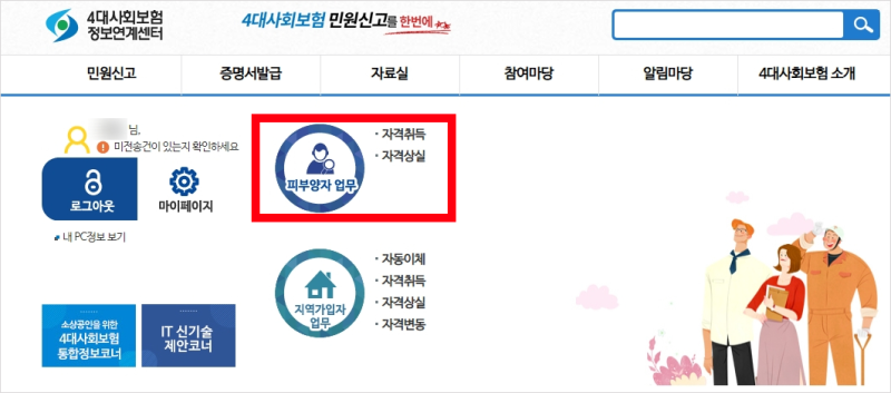 퇴사 후 부양자 건강보험에 피부양자로 등록하기4대 사회보험 정보연계센터 건강보험 직장가입자 피부양자 자격취득 신고 국민