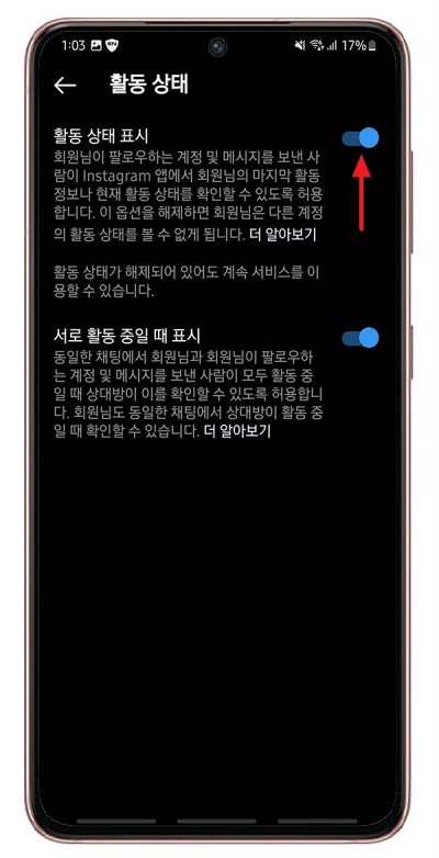 인스타그램 활동중 보는법 및 현활 끄는법 네이버 블로그