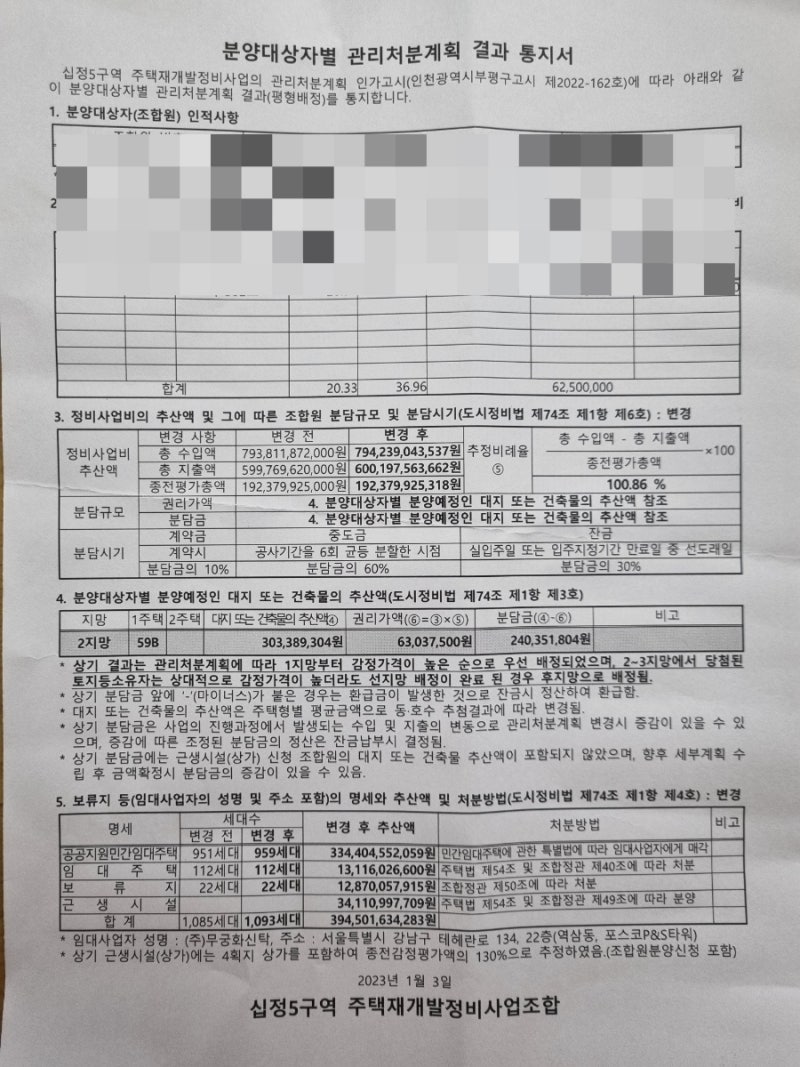 십정 5구역 조합원 관리처분계획 통지추정 비례율 10086 이주 일정 및 이주비 대출 네이버 블로그