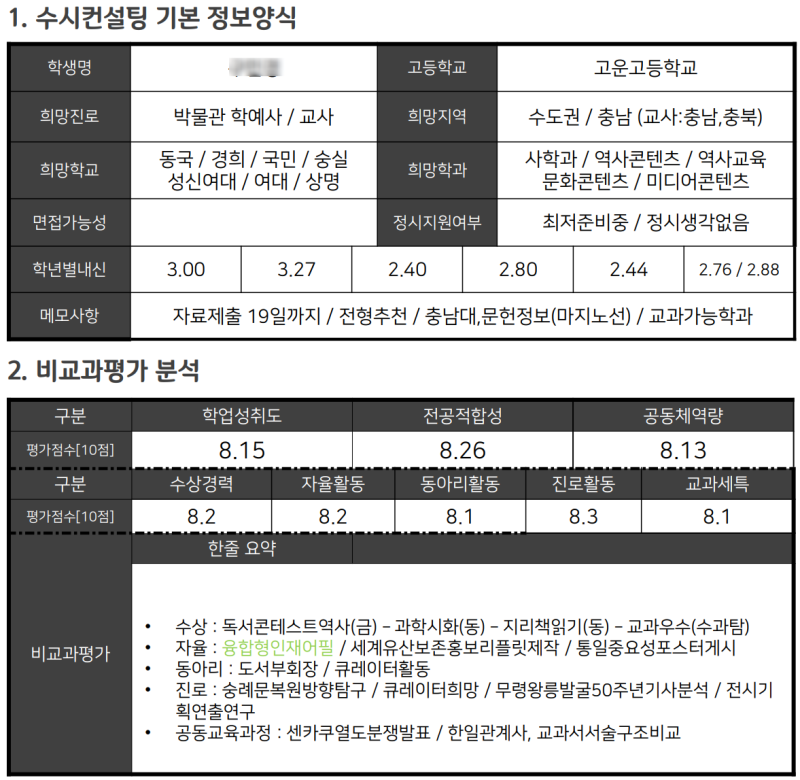 세종 고운고 대입 수시 면접 컨설팅 입시 컨설팅 사례 후기 네이버 블로그