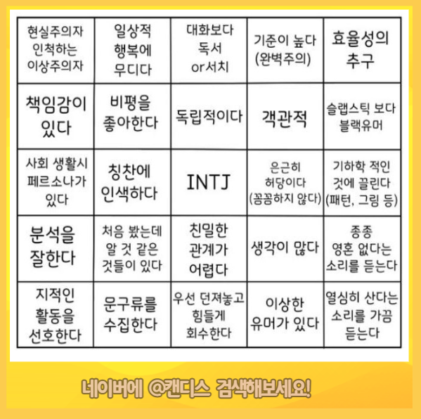 Intj 인티제 Mbti 팩폭 빙고 성격 장단점 연예인 궁합 특징 직업 간단정리 네이버 블로그