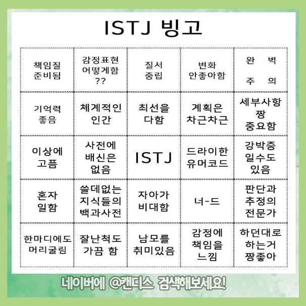 Istj 잇티제 Mbti 궁합 팩폭 빙고 연예인 특징 직업 장단점 성격 간단정리 네이버 블로그