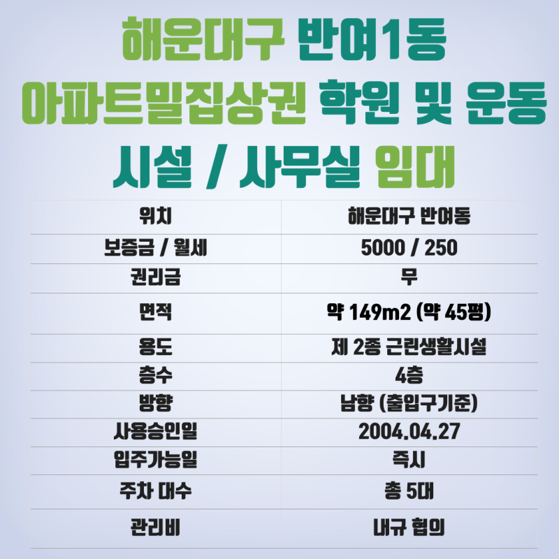 부산 해운대구 반여동상가임대 반여1동 아파트밀집상권 학원pt샵태권도장뷰티샵사무실 등 다용도 가능 코너자리 상가