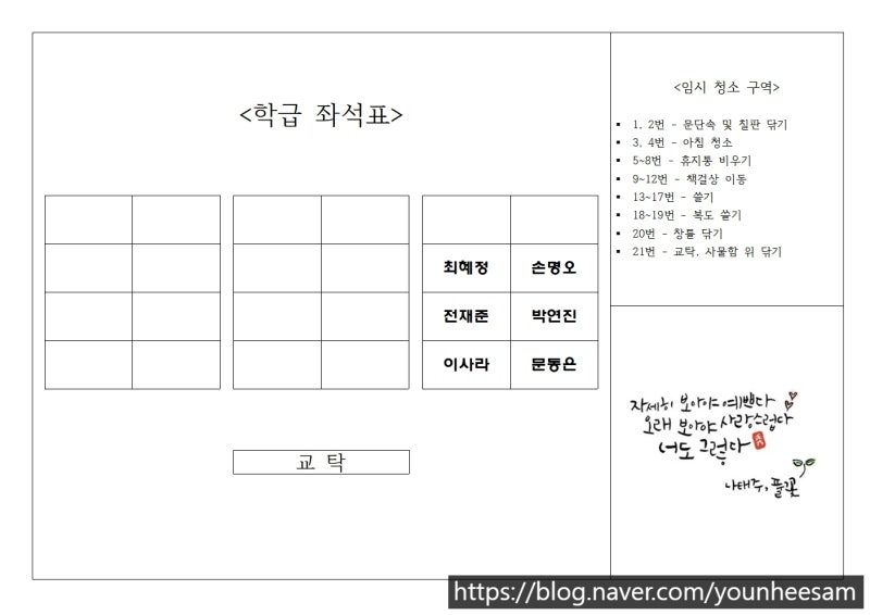 신학기 준비 교실 꾸미기좌석표 사물함 이름표 출석부 명렬표 게시판 분류 양식 나눔 네이버 블로그