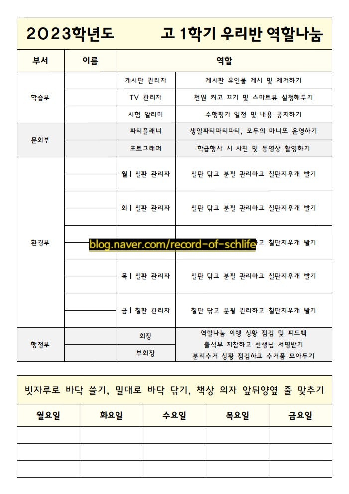 학급경영 3월 학급 1인1역 및 청소 역할 분배2023학년도 네이버 블로그