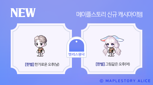 메이플스토리 신규캐시 추가 118기 잡로얄 오후 햇살 세트 신규 코디 민트초코 세트 네온 다이아 세트 정예 기사단 세트