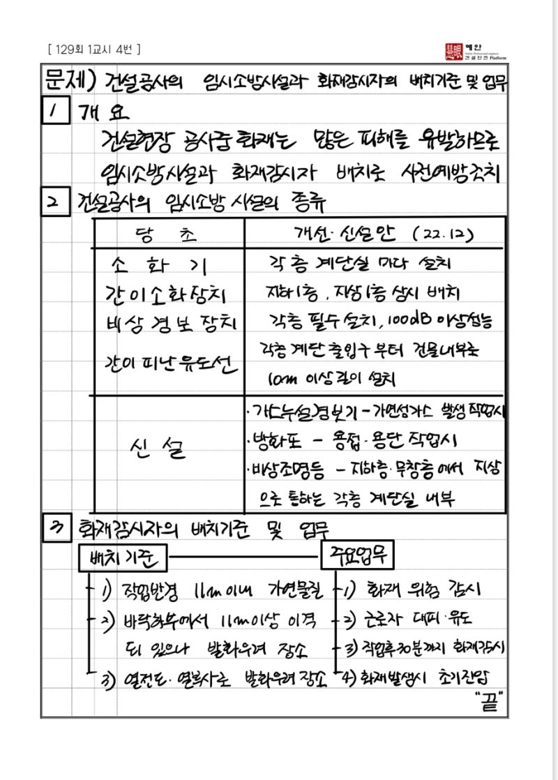 건설안전기술사 129회 답안사례 1교시 4번건설공사의 임시소방시설과 화재감시자의 배치기준 및 업무 네이버 블로그