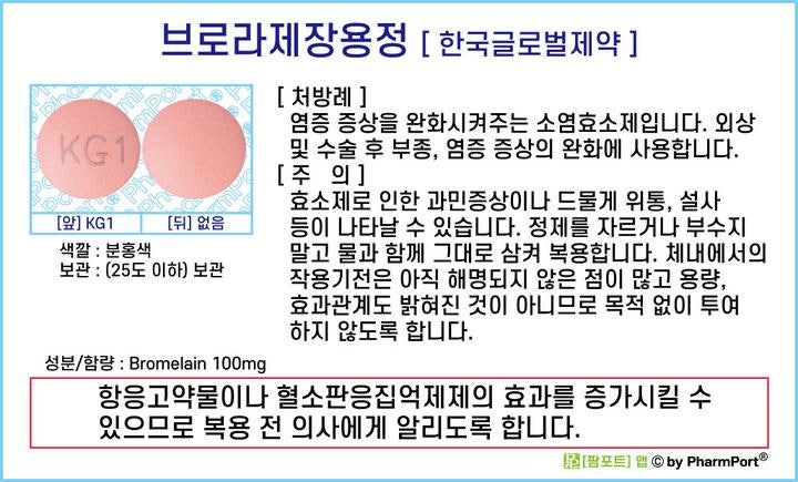 팜포트 브로라제장용정 브로멜라인 Bromelain 한국글로벌제약 약품정보 복약안내문 소염효소제 부종 염증