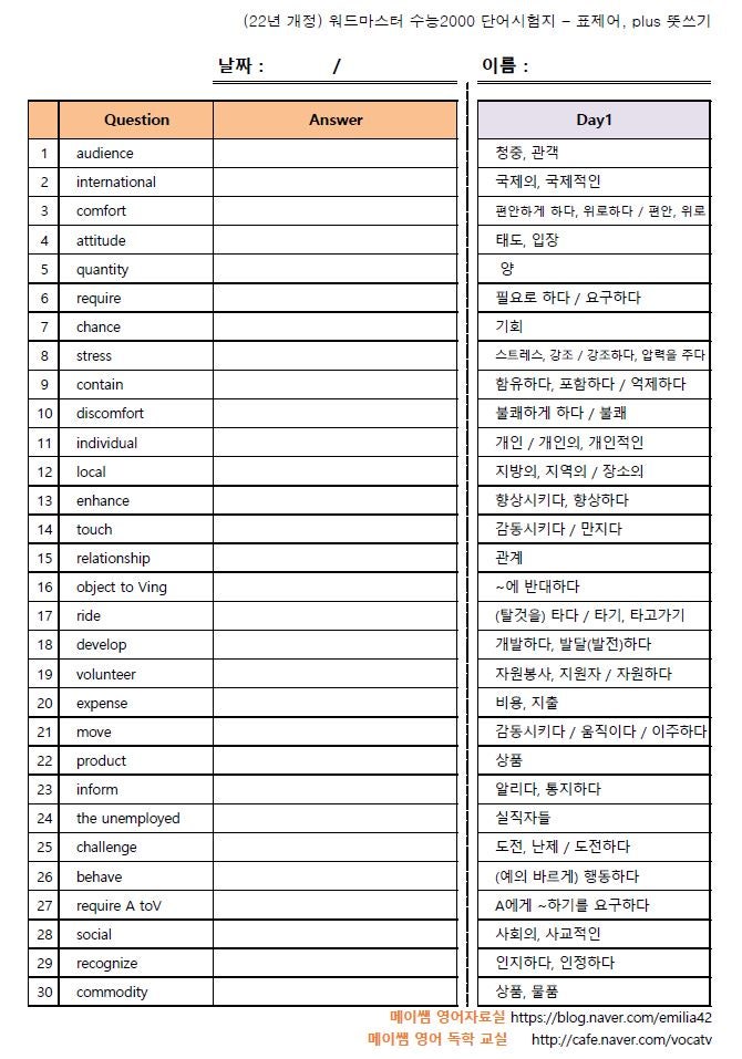 워드마스터 수능2000 단어 시험지 파생어 유의어 반의어 포함 네이버 블로그