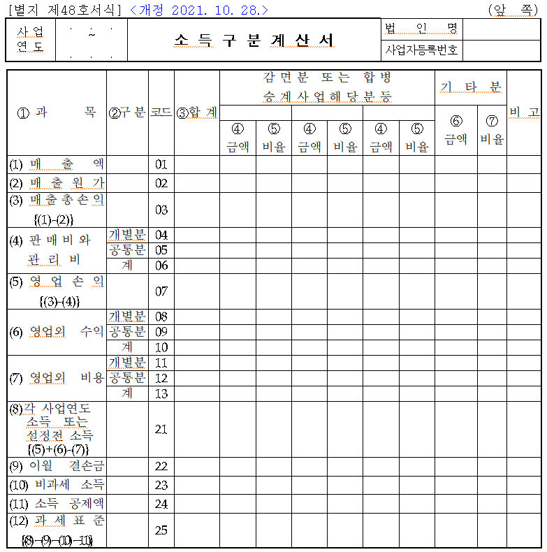 Ct94 법인세 별지 제48호 서식 소득구분계산서 작성방법 네이버 블로그