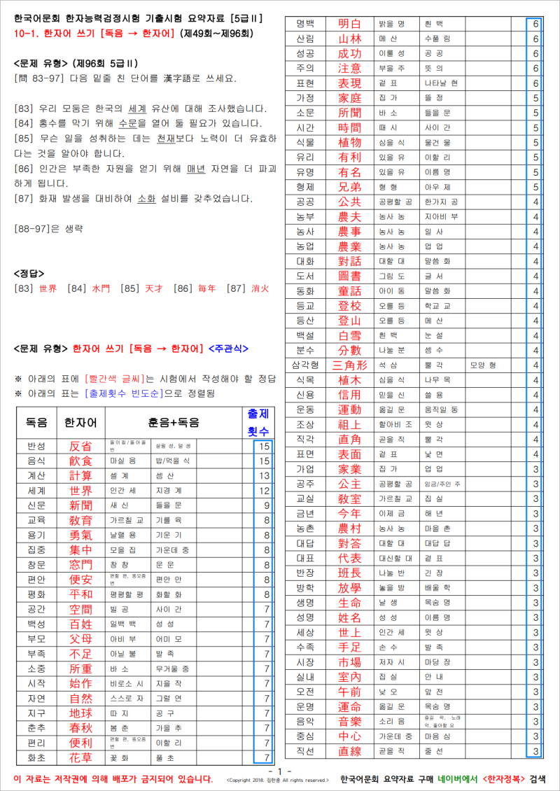 5급Ⅱ 한국어문회 한자능력검정시험 기출문제 요약자료 49회~96회 준5급 네이버 블로그