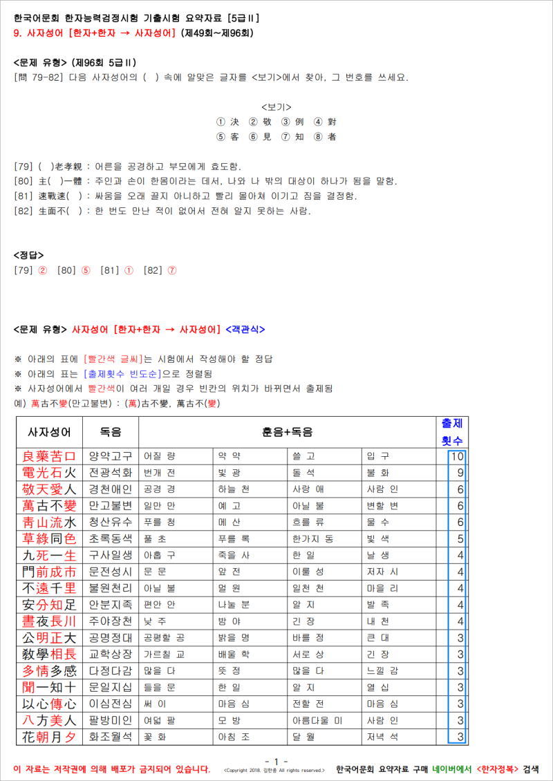 5급Ⅱ 한국어문회 한자능력검정시험 기출문제 요약자료 49회~96회 준5급 네이버 블로그