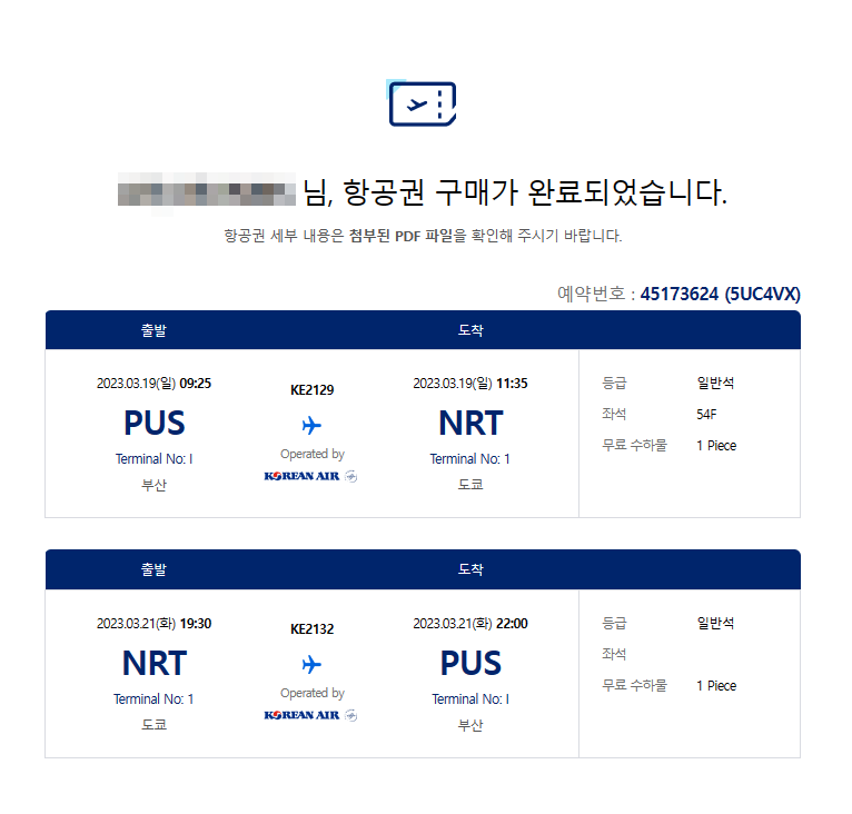 일본 도쿄여행 준비 여권 없이 항공권 예약 여권번호 입력 및 변경 이름 수정 수수료 대한항공 웹체크인 및 좌석지정