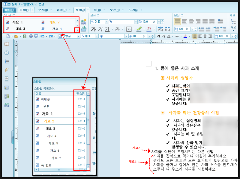 한글 문서 작성 개요 번호 설정하는 방법과 스타일 속성 적용하는 방법 네이버 블로그