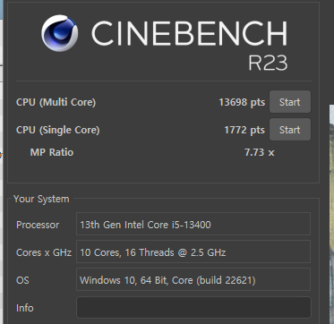 인텔 13세대 i5-13400 기본쿨러 CPU 온도 및 점수