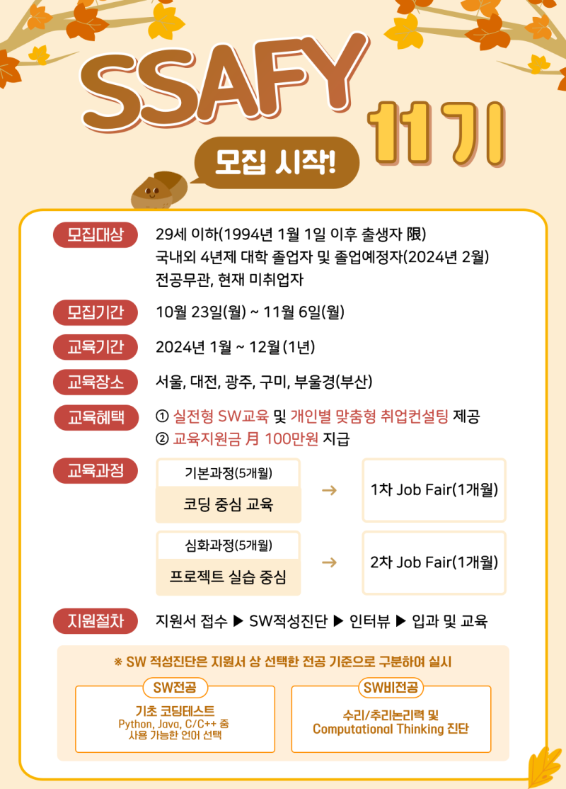 [SSAFY] 삼성 청년 SW 아카데미 11기 모집 공고 안내 (~11/06까지) : 네이버 블로그