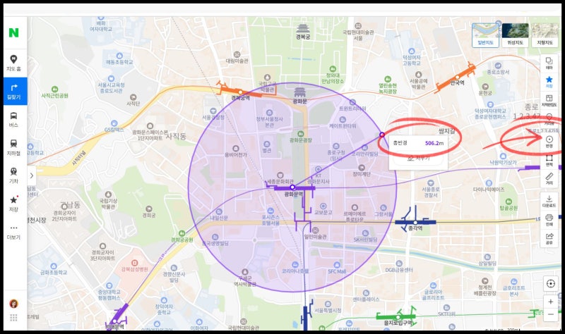 네이버 거리계산 사용법과 직선 반경 면적계산 네이버 블로그